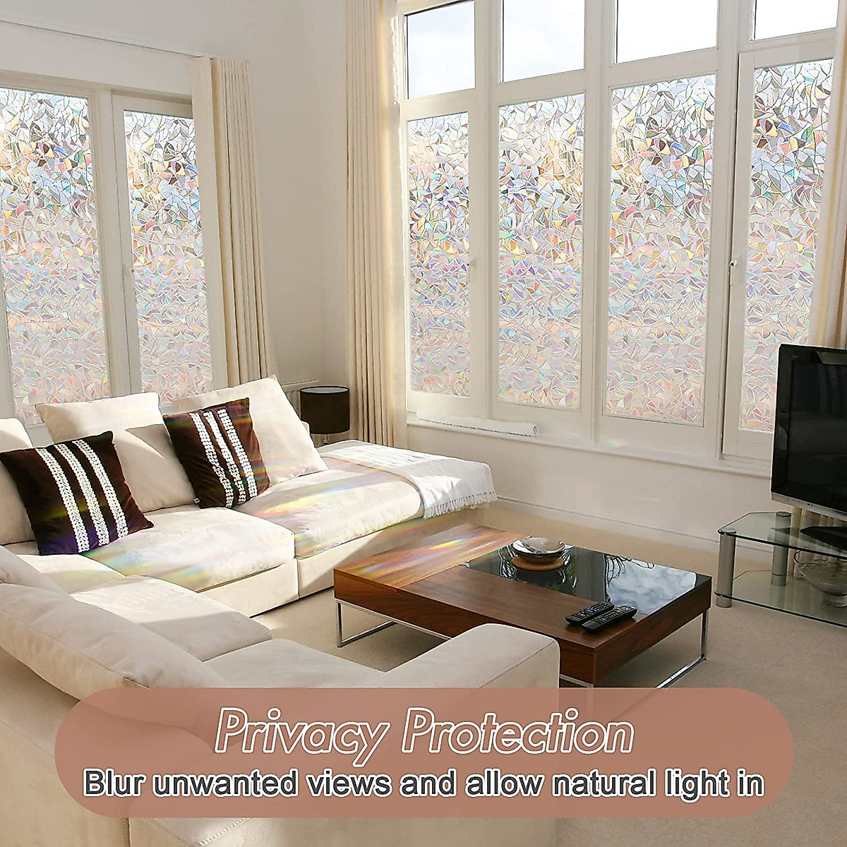 Haton Window Privacy Film Rainbow Static Cling Stained Glass Film Window Covering Sticker Non-Adhesive Removable Reflective Window Vinyl, Anti-UV Sun Blocker Heat Control for Home, 17.5 x 78.7 inches