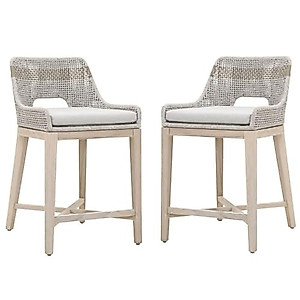 Home Square 2 Piece Upholstered Patio Counter Stool Set in Taupe and White