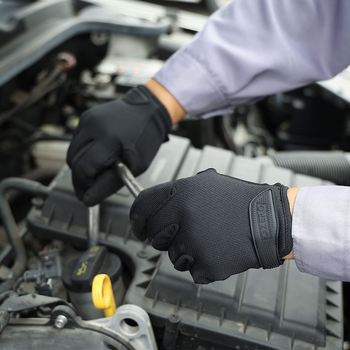 OZERO Utility Work Gloves for Men Women: Touchscreen Mehcanic Glove Flex Grip Non-Slip Palm for Gardening, Yard Work, Construction, DIY, Shooting, Hunting, 1 Pair (Black, Medium)