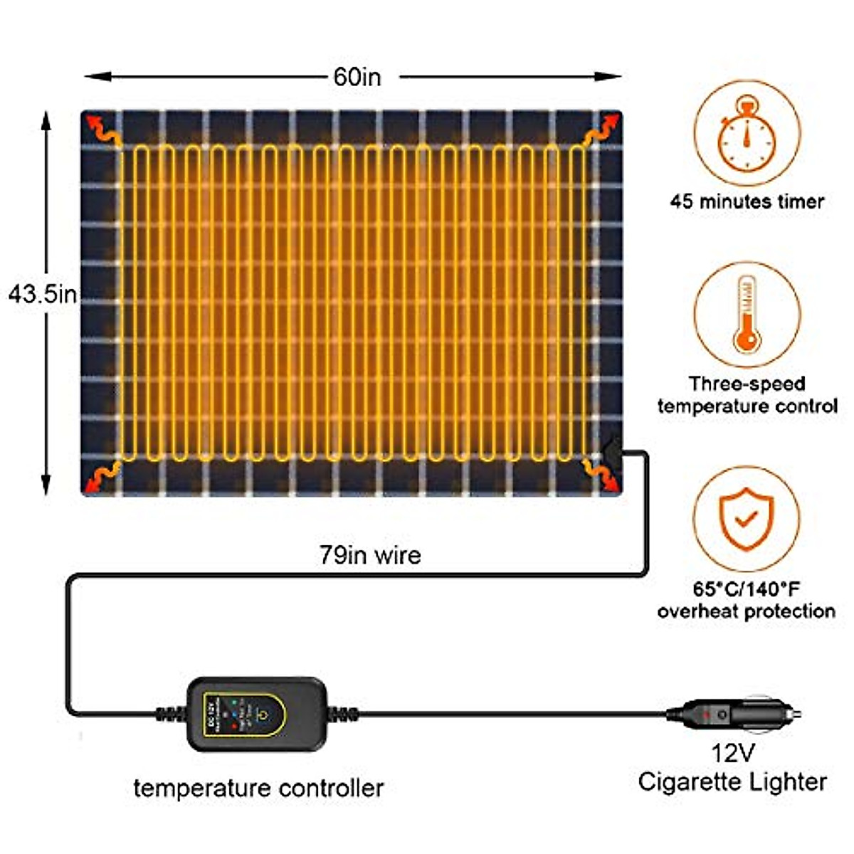 Car Electric Heated Blanket, 12V Cigarette Lighter Plug In Portable Emergency Heating Blanket, Small Fleece Car Warming Blanket, Winter Essential Accessories for Car Travel Camping SUV RV (Blue&White)