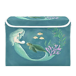 DIGTIA Summer Mermaid Turtle Storage Bins with Lids Large Pearl Sea Ocean Green Storage Basket with Handles Foldable Fabric Storage Box Organizer for Clothes Toys Closet Cabinet Home Office Bedroom