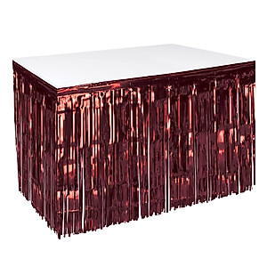 Beistle 1-Ply Metallic Plastic Foil Fringe Table Skirt Parade Floats, Mardi Gras Party, Birthday Decorations, Baby Shower Celebration, Wedding Reception, 30" x 14', Burgundy