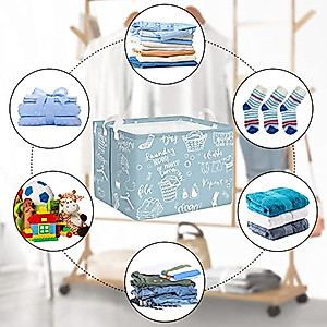 Clastyle Rectangular Blue Laundry Theme Storage Bins Waterproof Simple Fun Words Hanger Iron Laundry Basket Detergent Bubble Storage Basket for Toys Clothes Bedroom, 15.7x11.8x11.8 in