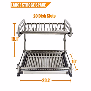 Kitchen Hardware Collection 2 Tier Dish Drying Rack Stainless Steel Wall Mounted Or Stand On Countertop Draining Rack 23.2 Inch Length 20 Dish Slots Organizer with Drainboard for Cup Plate Bowl