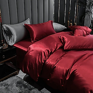 Satin Bedding Set Queen Wine Red Silk Like Satin Duvet Cover Set Luxury Soft Burgundy Comforter Cover Adults Bedroom Decor Chic Luxurious Silky Bedspread Cover Zipper (1 Duvet Cover + 2 Pillow Case)