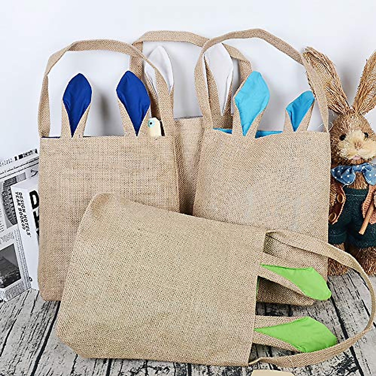 KEFAN 6 Pack Easter Bunny Bags Jute Burlap Bunny Ear Tote Baskets for Egg Hunting (Easter bags 05)