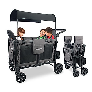 WONDERFOLD W4 Original Quad Stroller Wagon Featuring 4 High Face-to-Face Seats with 5-Point Harnesses, Easy Access Front Zipper Door, and Removable UV-Protection Canopy, Black
