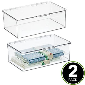 mDesign Plastic Kitchen Pantry and Fridge Storage Organizer Box Containers with Hinged Lid for Shelves or Cabinets, Holds Food, Snacks, Canned Drinks, Seasoning, Condiments, or Utensils, 2 Pack, Clear