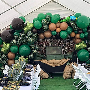 Camouflage Balloon Garland Arch Kit for Army Party Decorations,142Pcs Camo Balloons Dark Green Black Brown Balloons with Palm Leaves for Military Camo Birthday Party Hunting Camping Game Jungle Themed