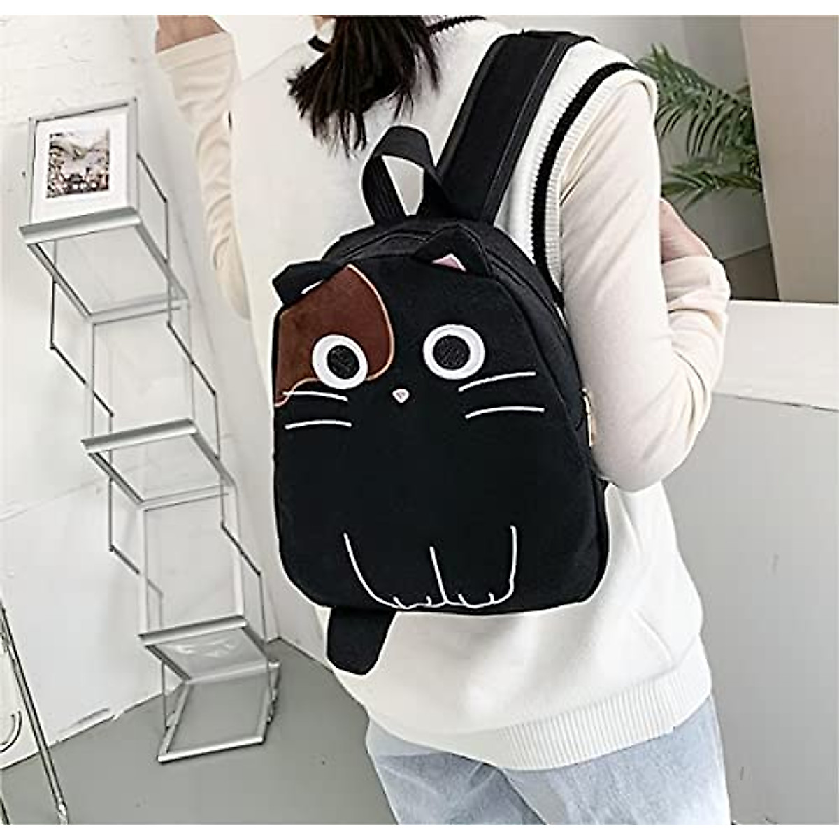 LaurelTree Kawaii Aesthetic Cute Cartoon Cat Backpack Laptop Travel Bag School Students Teens Girls (Black)