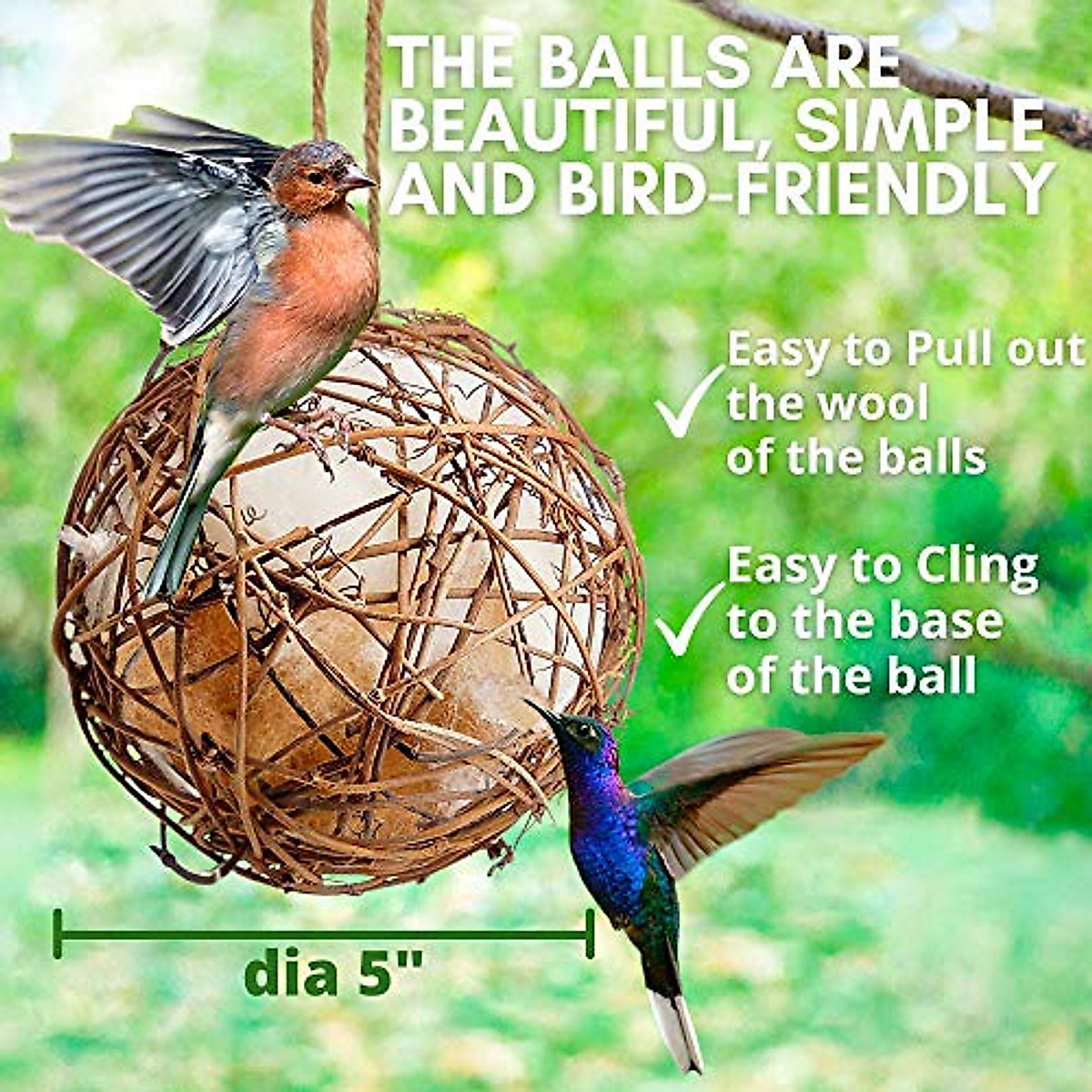 YYK Set of 3 Globe Hummingbird Nesters - Bird Nesting Material Holder – Nest Balls for Wild Birds Wrens Finches - Refillable Outdoor Bird Nesting Station to Build a Nest