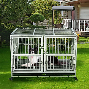 42" Heavy Duty Dog Crate Cage Kennel with Wheels, Full Stainless Steel High Anxiety Indestructible Dog Crate, Sturdy Locks Design, Double Door Small Door Design & Removable Tray Design (Silver)