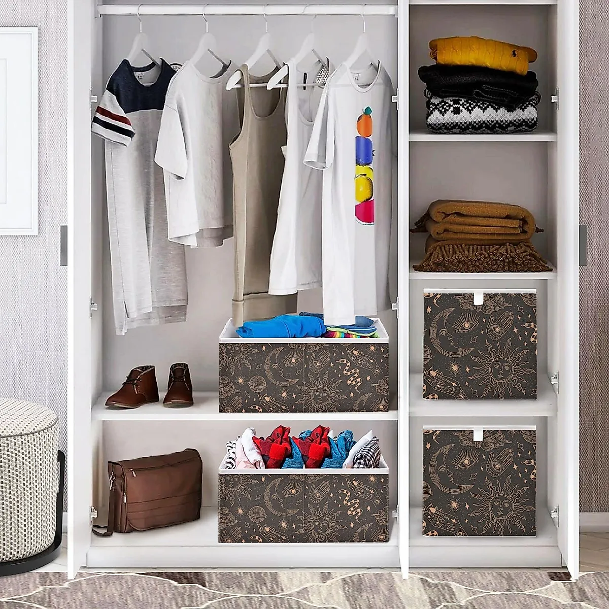 Vnurnrn Fabric Cube Collapsible Storage Cube Boho Celestial Snake Print, Storage Bins with Support Board, Foldable Basket for Shelf Closet Cabinet 11.02×11.02×11.02 in