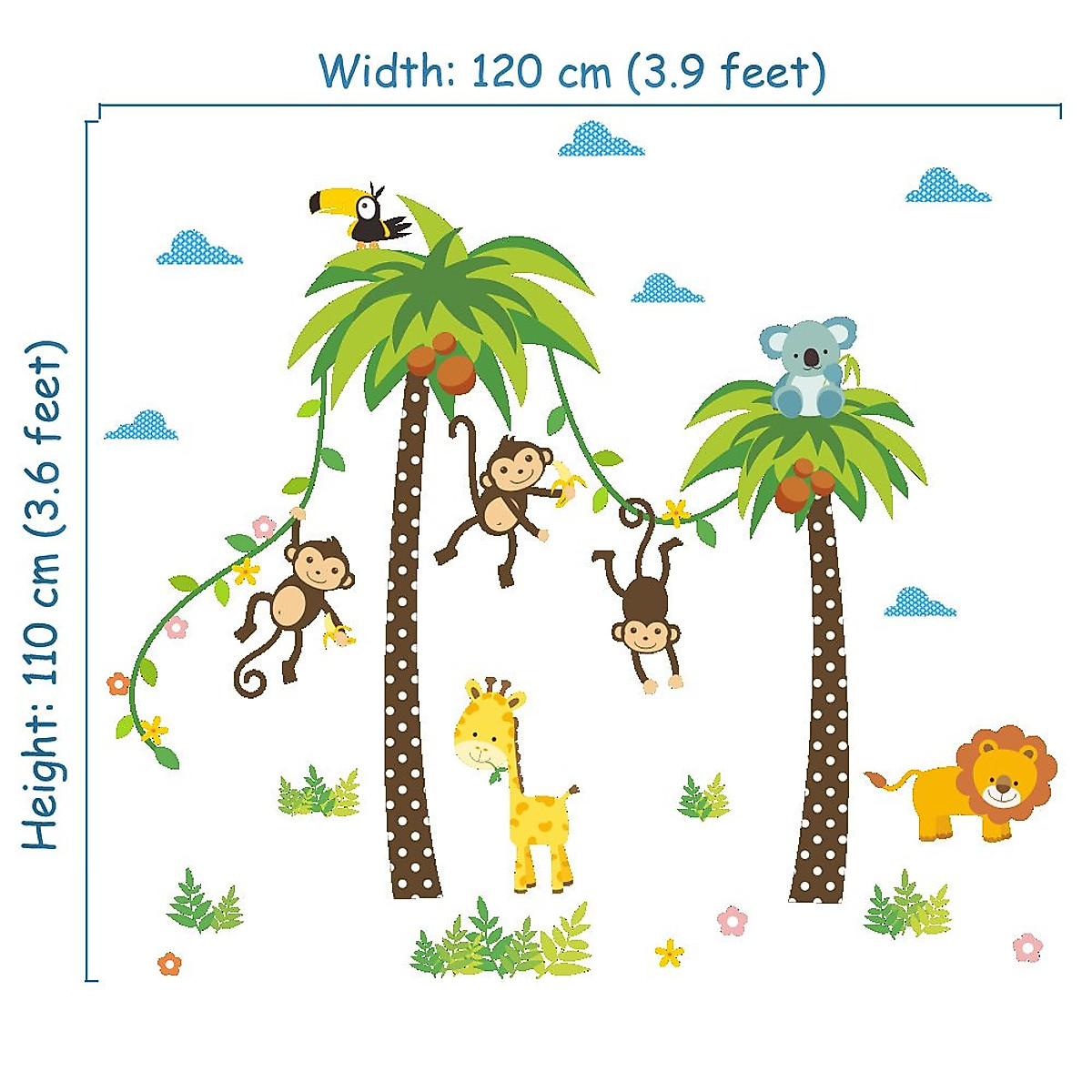 ElecMotive Cartoon Forest Animal Monkey Crow Koala Coconut Palm Tree Nursery Wall Stickers Wall Murals DIY Posters Vinyl Removable Art Wall Decals for Kids Girls Room Decoration (Monkey Lion Giraffe)