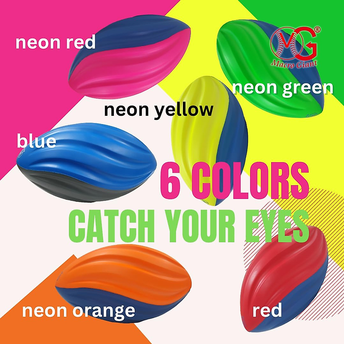 Macro Giant 7.5 Inch PU Soft Foam Spiral Football, Set of 6, Assorted Colors, Training Practice, Kid Toy, Yard Game, Preschool