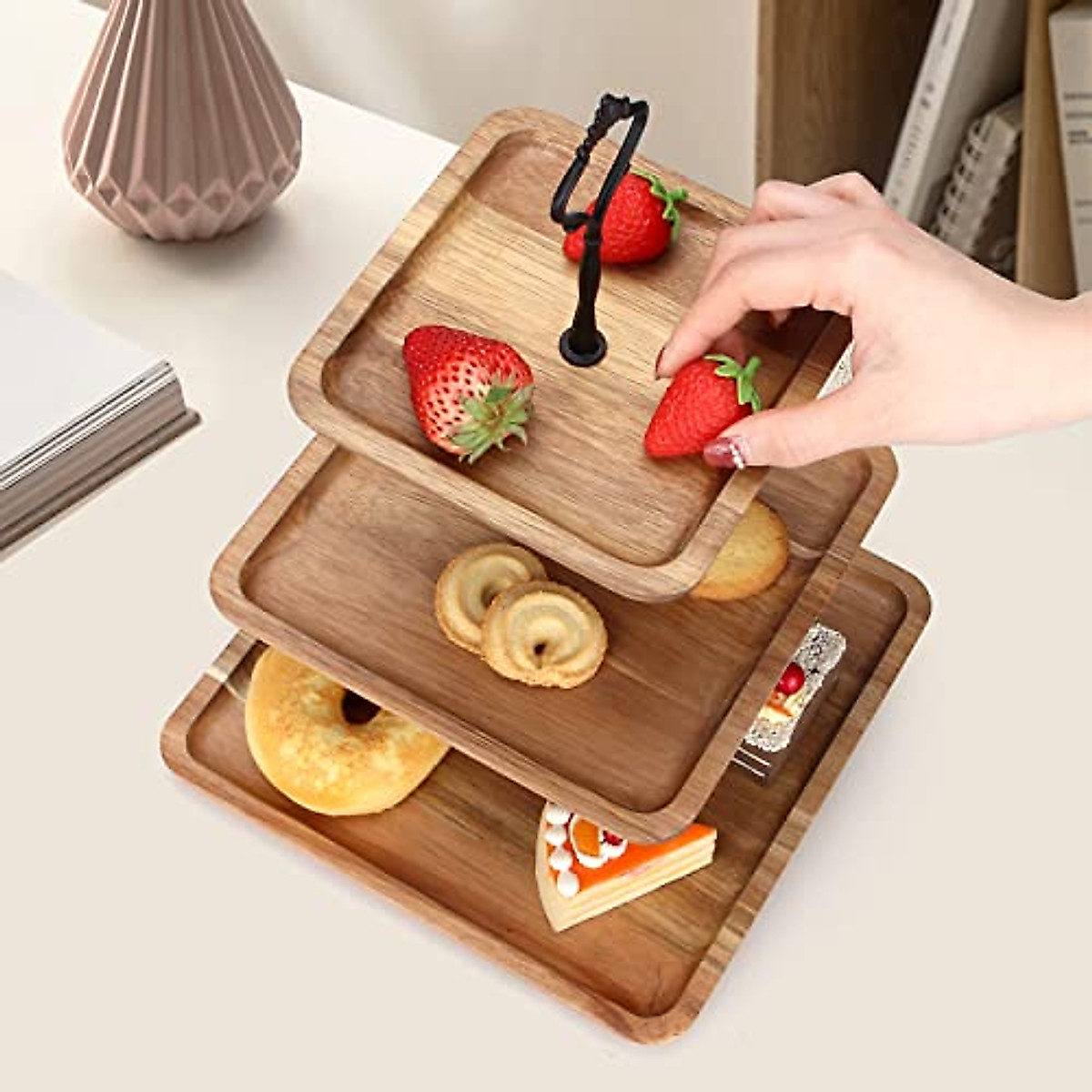 3 Tier Square Cupcake Stand Acacia Wood Serving Stand Wooden Three Tiered Cake Stand Dessert Stand for Party Wedding 3 Tier Tray Farmhouse Cup Cake Holder Display Stand