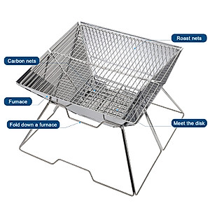 Portable Charcoal Grill,Quadrangle barbecue rack, Folding Stainless Steel Camping Fire Pit，Backpacking Grill for Outdoor Cooking Hiking Camping Picnics