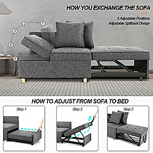 SEJOV Sofa Bed 4-in-1 Convertible Sofas & Couches, 3-Seat Linen Fabric loveseat Sofa with 2 Throw Pillow, Single Recliner for Small Space with 5 Adjustable Backrest, Dark Grey