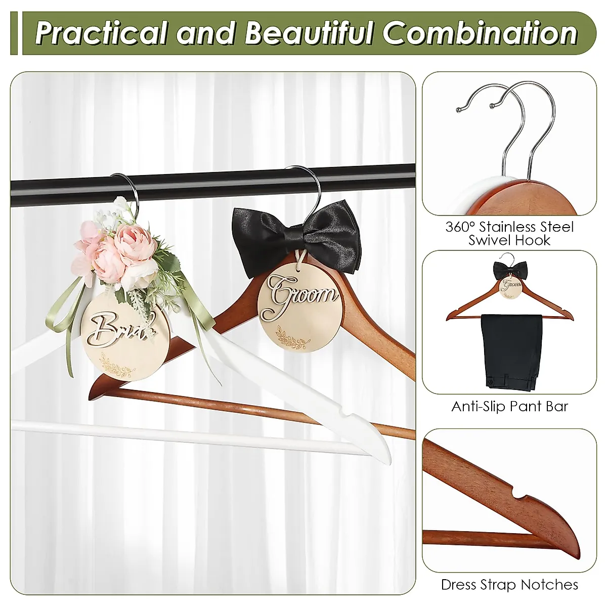 Bride Hanger, 2 Pack Wedding Hanger Bridal Hanger Bride Groom Hanger Personalized Name Tags, Dark Wood and White Wood Bridal Dress Hanger, Ideal Keepsake for Wedding Day Photos and Gift (Pink&White)