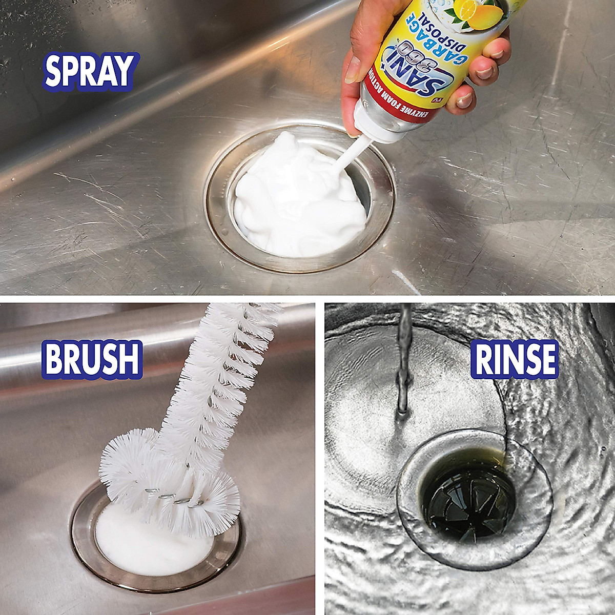 SANI 360° Sani Sticks Garbage Disposal Cleaner Kit —Lemon Scent, 10 oz Bottle of Foam with Cleaning Brush and Tray - 8 to 10 Uses