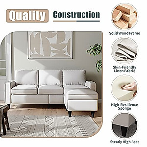 Small Sectional Sofa, Convertible L-Shaped Couch with Reversible Storage Chaise & Storage Side Pockets, 3-Seat Modular Sofa for Living Room, Apartment, Dorm, Small Space (Beige)