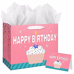 13" Large Happy Birthday Gift Bag with Tissue Paper and Card for Girls kids Birthday Party (Cupcake)
