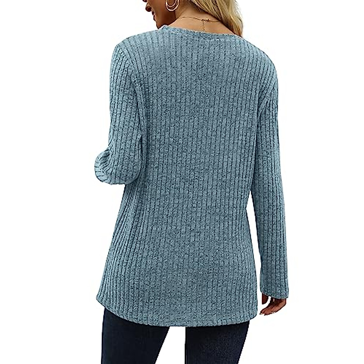 SAMPEEL Blue Tunic Sweaters for Women Fall Long Sleeve Tunic Tops for Women Buttons Side S