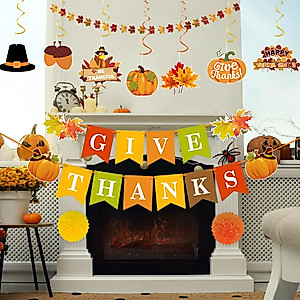 Thanksgiving Decorations Indoor, Thanksgiving Party Decorations Set Includes 3 Pre-strung Banners, 18 Hanging Swirls, 2 Turkey Honeycombs, 4 Tissue Pom Poms for Office, Classroom, Home Decor