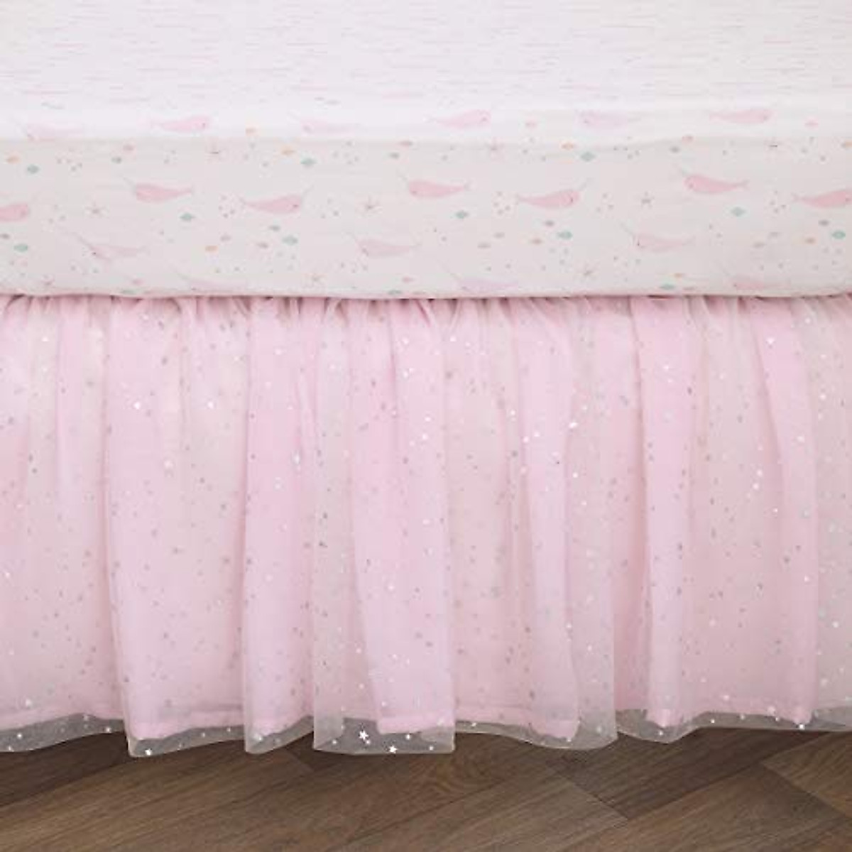 NoJo Under The Sea Whimsy Pink and Blue Whales and Narwhals 4 Piece Crib Bedding Set - Comforter, Fitted Crib Sheet, Dust Ruffle and Storage Bin