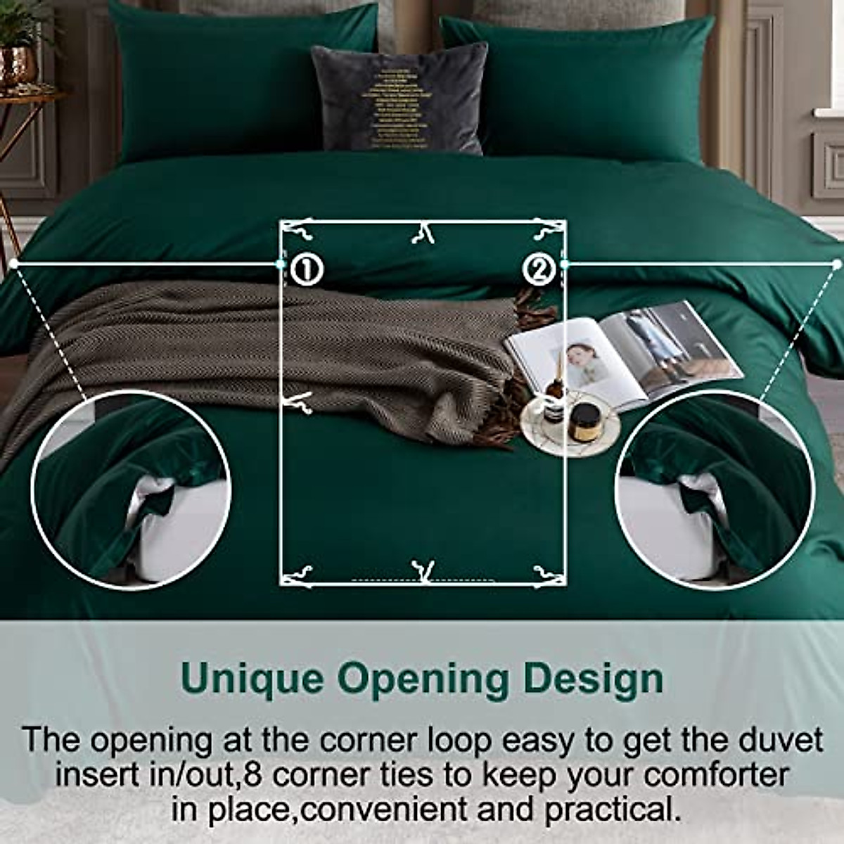 KAKABELL Duvet Cover Set 100% Egyptian Cotton Premium 3 Piece Bedding Set Portable Openings-Luxury Soft and Cozy All Season Comforter Cover,with 8 Corner Ties 90x106 Inches-(Dark Green, King)