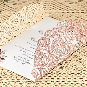 AdasBridal 50Pcs Pink Glitter Wedding Invitation Kit Laser Cut Hollow-out Personalized Wedding Invitations with Envelopes and RSVP Cards for Quinceanera Birthday Baby Shower Anniversary