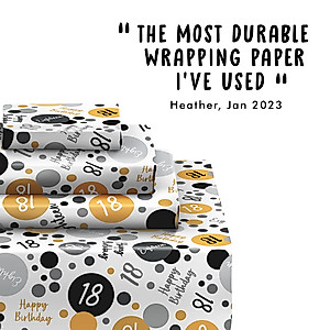 CENTRAL 23 Girls Wrapping Paper - 6 Sheets of Gift Wrap - 18th Birthday Wrapping Paper for Men Women - Black Gold - Dots - Age 18 - For Friends - Comes with Fun Stickers