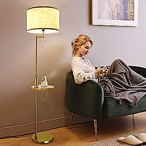 Bedroom & Living Room Floor Lamp with USB Charging Port-DLLT Stand Reading Light & Side Table-Classic Tall Pole Light for Office-Suits Mid Century Modern Home & Farmhouse Rustic Lighting-Drum Shade