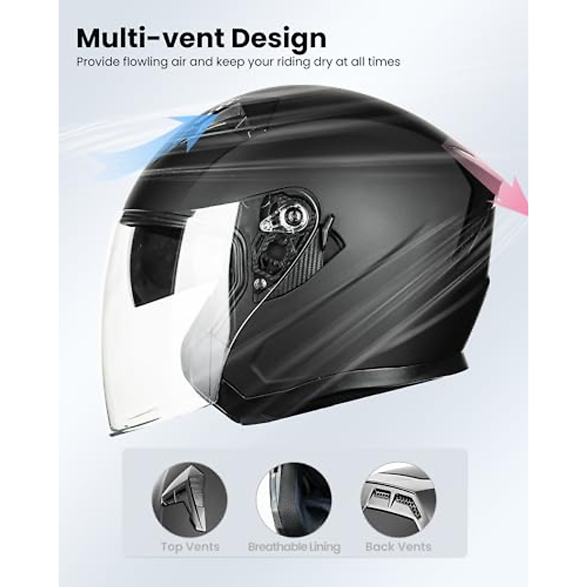 AUBOA Open Face Motorcycle 3/4 Helmets with Dual Visor for Men Women DOT Moped Scooter Cruiser Helmet Model AU-MO328 (Matte Black, L)