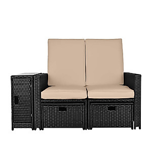 VUYUYU 5PCS Outdoor Wicker Chaise Lounge Chair - Rattan Adjustable Reclining Patio Lounge Chair with Ottoman and Coffee Table, for Patio Beach Pool Backyard (Black Wicker Khaki Cushion)