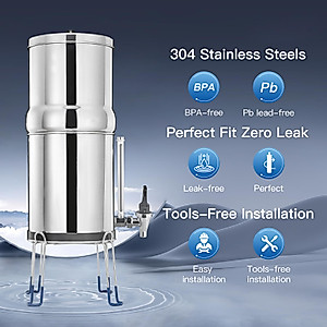 FACHIOO Gravity-fed Water Filter System, 2.25 Gallon Stainless Steel Countertop System with 2 Ceramics Filters Washable Filters, Metal Water Level Spigot and Stand,Reduce up to 99% Chlorine