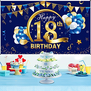 Happy 18th Birthday Banner Decorations for Men - Blue Gold 18 Birthday Backdrop Party Supplies - 18 Year Old Birthday Photo Background Sign Decor