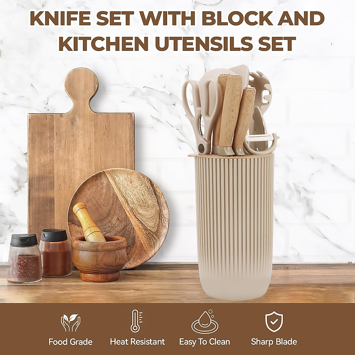 FTNESGYM Kitchen Knife Set, Knife Sets with Block and 4 PCS Kitchen Utensils Set, 10-in-1 Cooking Utensils Set with Knife Set and Utensils Holder, Silicone Spatula Set for Kitchen (Khaki)