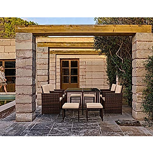 Tuoze 9 Pieces Furniture Dining Outdoor Sectional Rattan Patio Conversation Space Saving Cushioned Sets with Glass Table for Garden Poolside Balcony (Brown), Beige