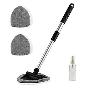 UYYE Windshield Cleaning Tool, Retractable Rotary Triangular Head Cleaning Brush,with Washable Fiber Cloth and Water Spray Kettle, Reusable Car Interior and Exterior Accessories Cleaning Kit, Gray