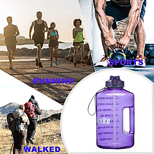 SLUXKE 1 Gallon Water Bottle with Straw Cleaning Brush, BPA Free 128oz Leak Proof Big Water Bottle Jug with Handle and Time Marker, One Click Open Wide Mouth Sports Huge Bottle Jug Light Purple