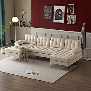 Imseigo 110" Modern Large Reversible Sectional Sofa,Modular Living Room U-Shape 4-Seater Couch with Linen Fabric for Small Space,with Extra Wide Chaise Lounge (Linen Fabric, Lattice Creamy White)