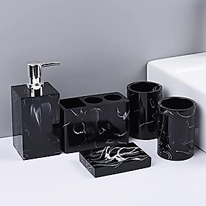 5 Piece Complete Bathroom Accessories Set - Electric Toothbrush Holder, 16.9 oz Dispenser for Liquid Soap or Lotion, Soap Dish, 2 Tumblers, Made of Marble Pattern Resin (Classic Black)