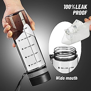 Doseno Reusable Water Bottle, Water Bottle with Time Marker, Plastic Water Bottles with Strap, Gym Water Bottles for Men, 28OZ Clear Water Bottles, Black