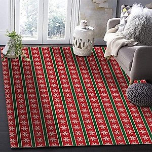 White Snowflake Christmas Decoration Area Rug, Modern Red Green Geometric Stripes Indoor Non-Slip Kids Rugs, Soft Machine Washable Carpet, for Front Porch Kitchen Entryway Doormats-4' x 6'