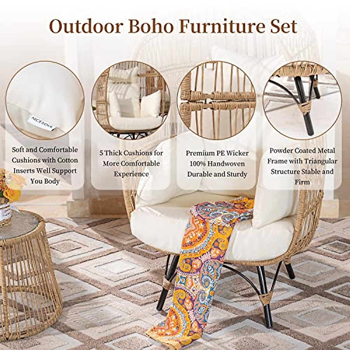 NICESOUL Patio Stationary Egg Chair Outdoor Large PE Rattan Egg Basket Chair Oversized Lounge Chair Wicker Egg Chair (Natural Color)