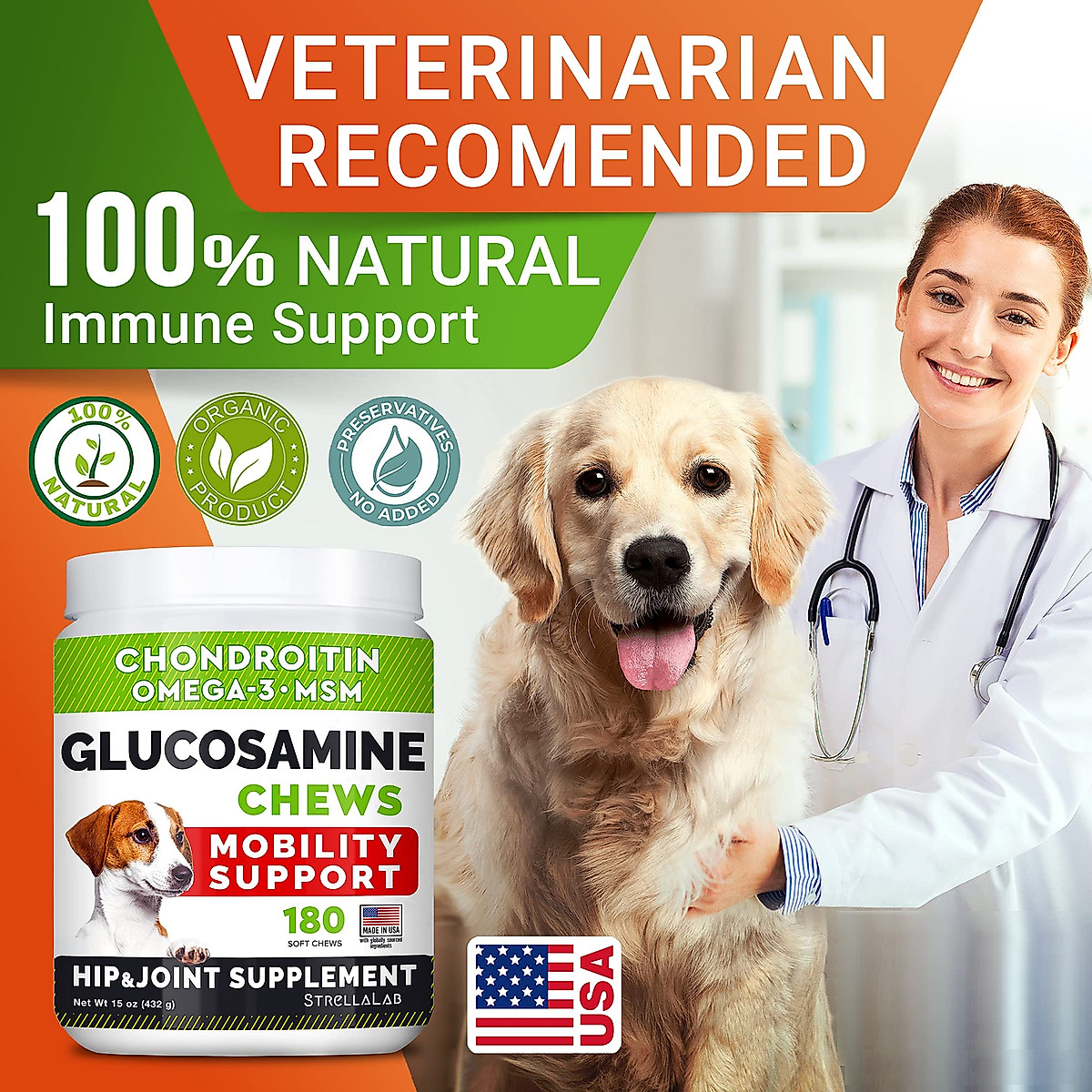 Glucosamine Treats for Dogs - Joint Supplement w/Omega-3 Fish Oil - Chondroitin, MSM - Advanced Mobility Chews - Joint Pain Relief - Hip & Joint Care - Chicken Flavor - 180 Ct - Made in USA