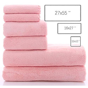 MOONQUEEN Ultra Soft Towel Set - Quick Drying - 2 Bath Towels 2 Hand Towels 2 Washcloths - Microfiber Coral Velvet Highly Absorbent Towel for Bath Fitness, Bathroom, Sports, Yoga, Travel (Pink, 6 Pcs)