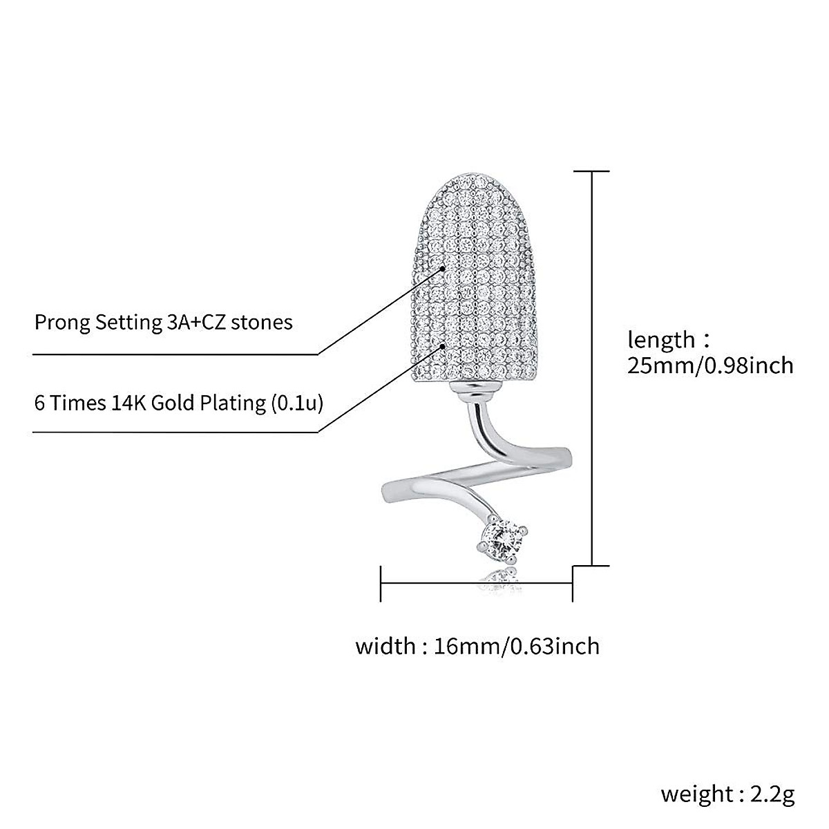 JINAO 14K 6 Times Gold Platinum Plated Full Bling Iced Out CZ Women Fashion Finger Nail Ring for women Unique Fingernail Protective Nail Cap Cover Ring (White Gold)