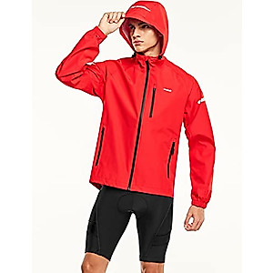 TSLA Men's Cycling Waterproof Jacket, Reflective Hoodie Windbreaker, Packable Bike Rain Jackets with Back Pocket, Cycling Red, Large